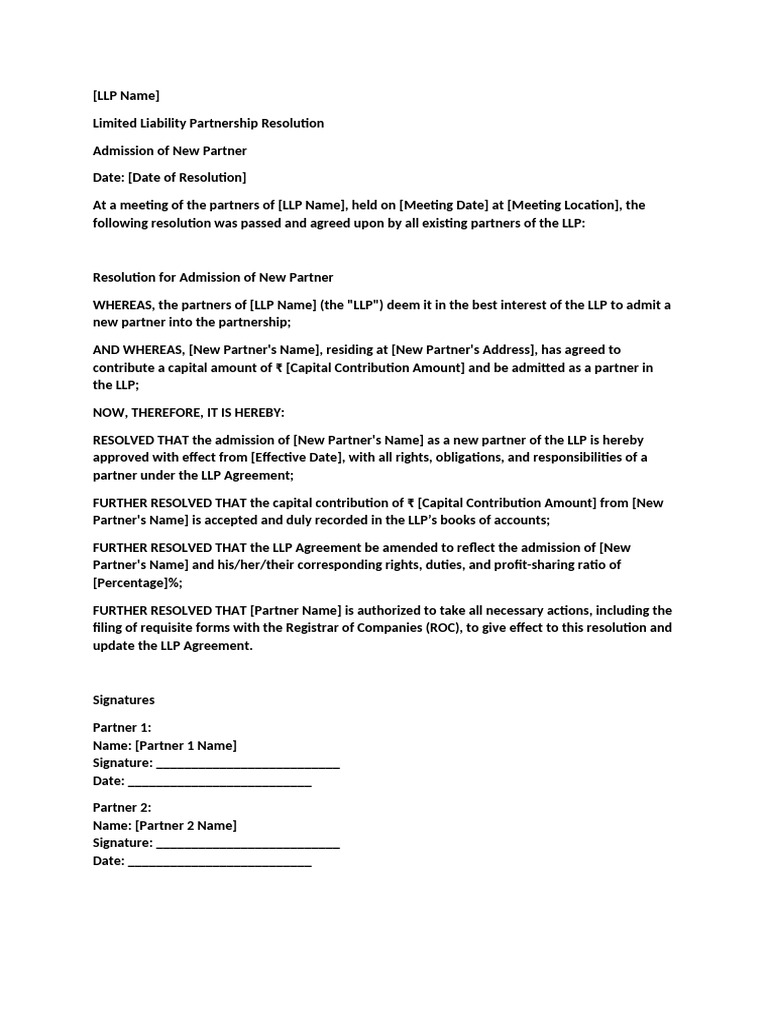 Resolution For Admission of New Partner | PDF