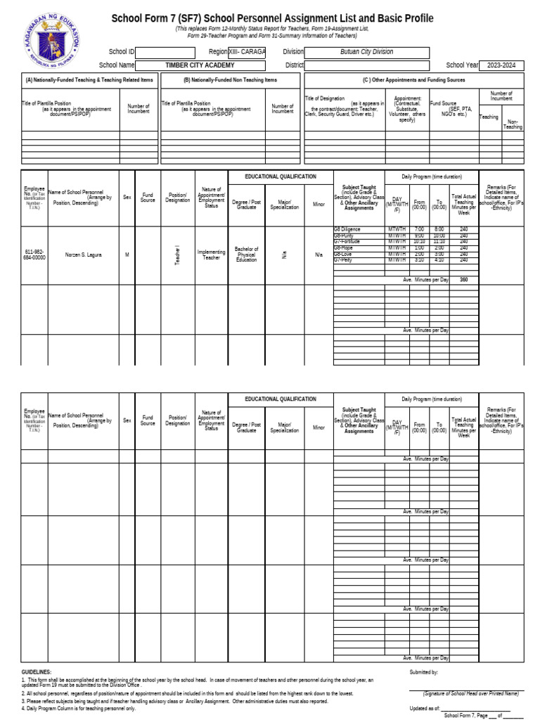 School Form 7 (SF7) School Personnel Assignment List and Basic Profile ...