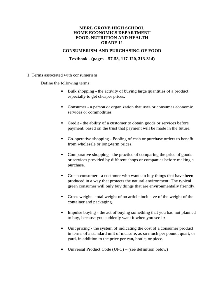 FNH - Grade 11 - Consumerism and Food Purchasing | PDF | Universal ...