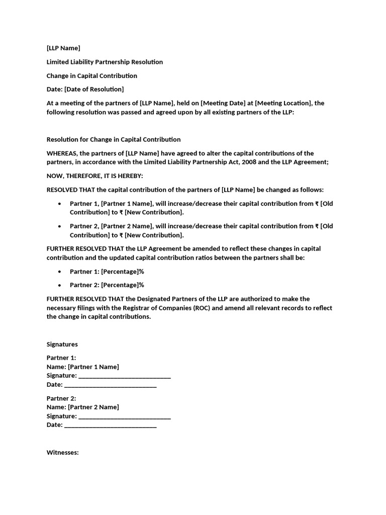 Resolution for Change in Capital Contribution | PDF