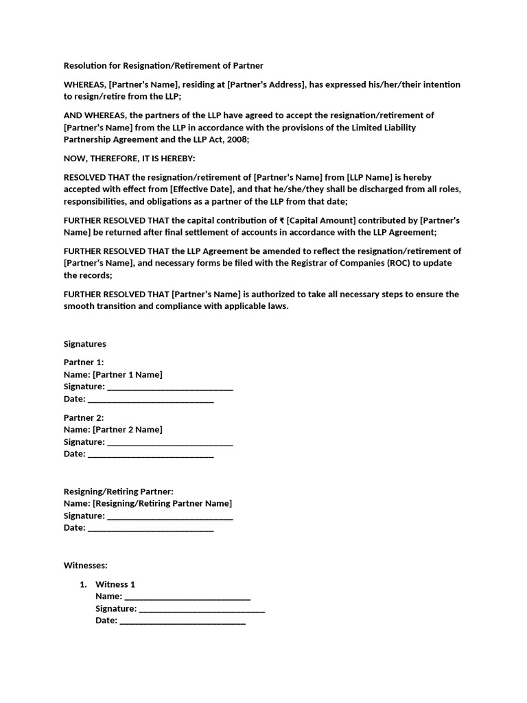 Resolution LLP Resignation Retirement of Partner | PDF