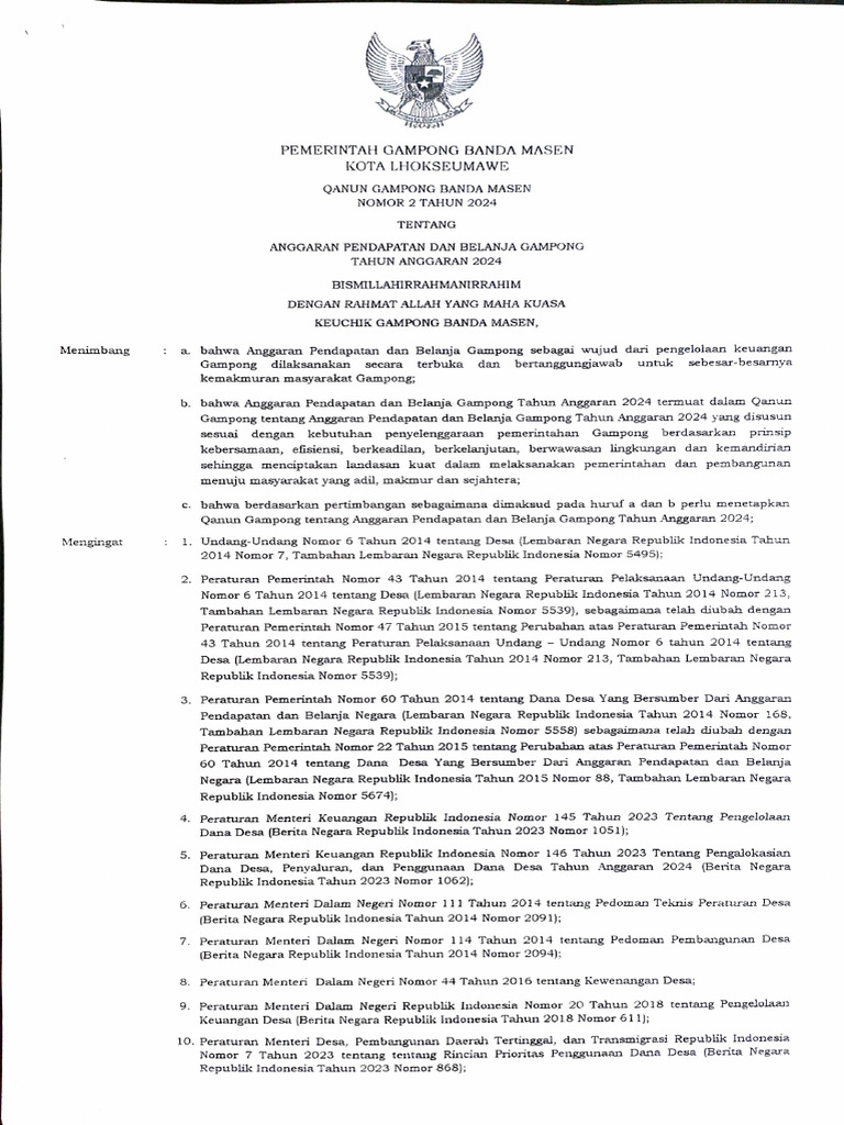 Qanun APBG Banda Masen 2024 | PDF