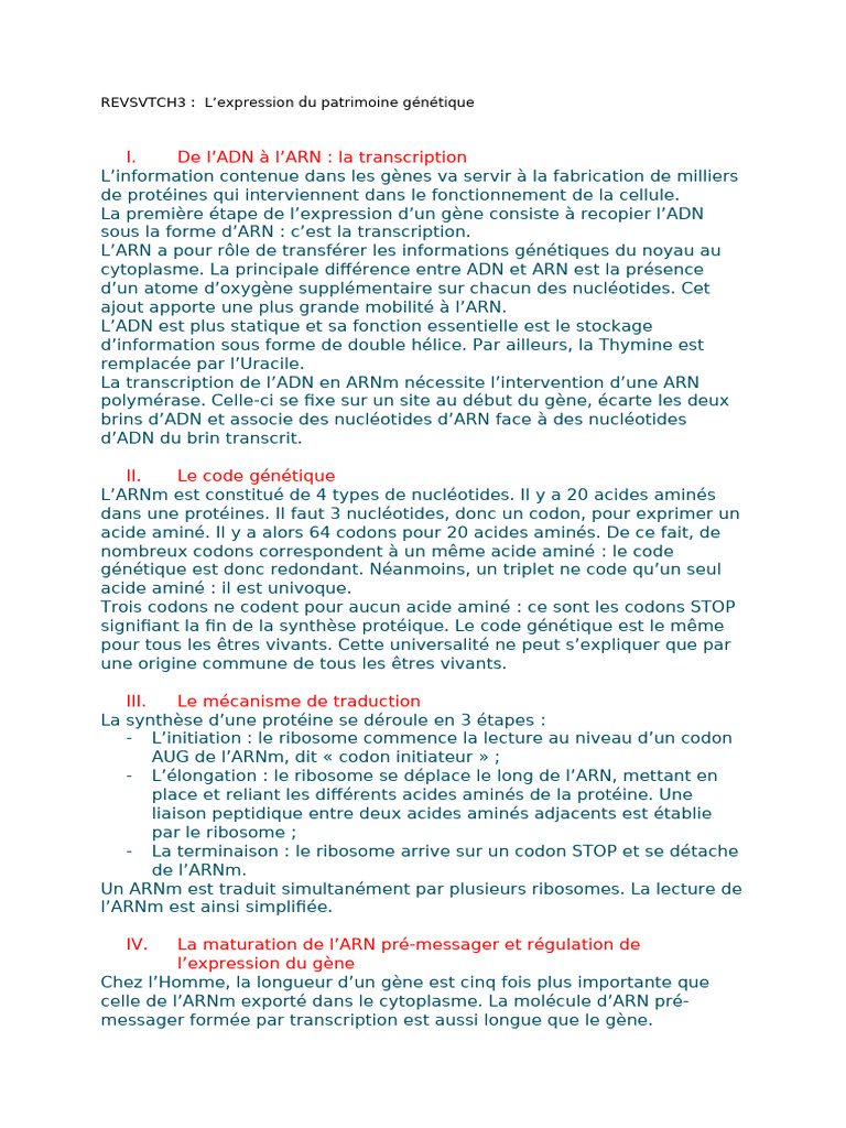 SVT 1ERE - Expression Du Patrimoine Génétique | PDF