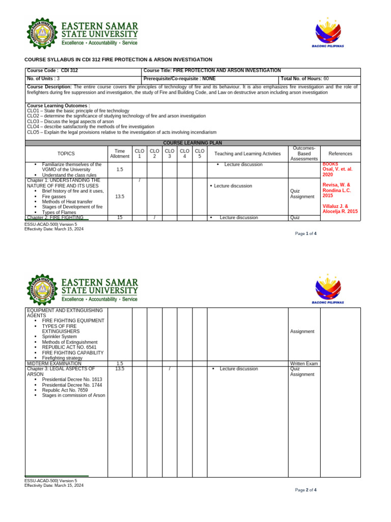 Ourse Syllabus For Cdi 312 Fire Prevention Arson Invest | PDF ...