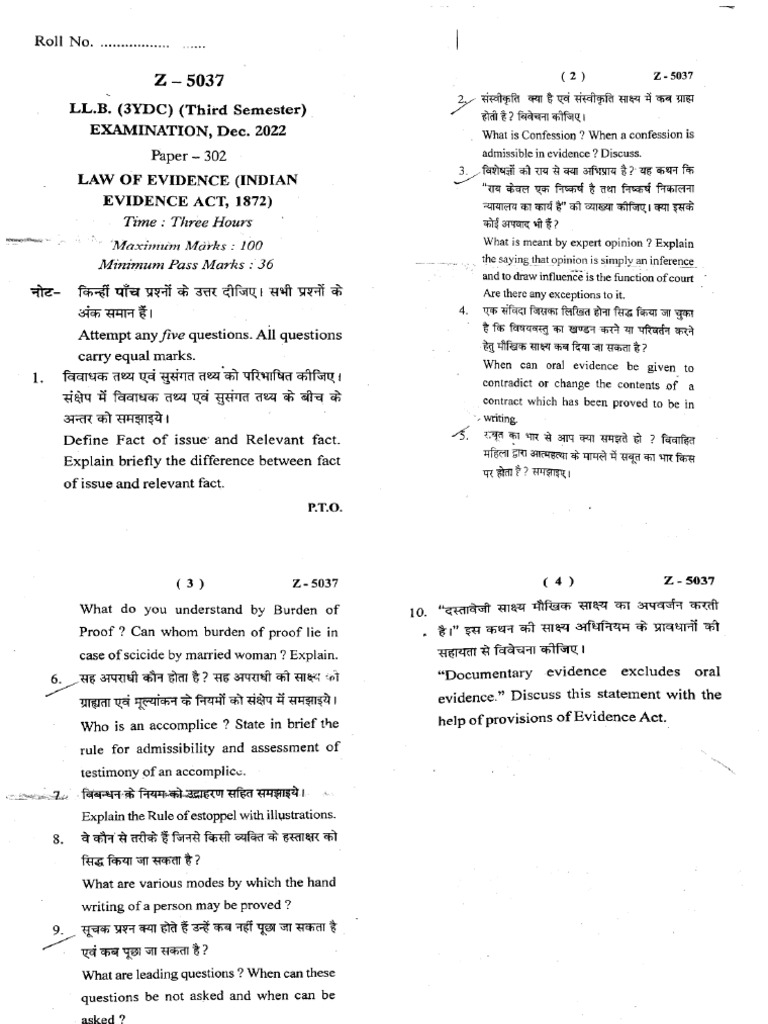 LLB 3 Sem Law of Evidence Indian Evidence Act 1872 Z 5037 Dec 2022 | PDF