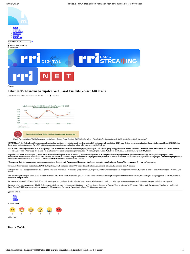 RRI - Co.id - Tahun 2023, Ekonomi Kabupaten Aceh Barat Tumbuh Sebesar 4,08 Persen | PDF