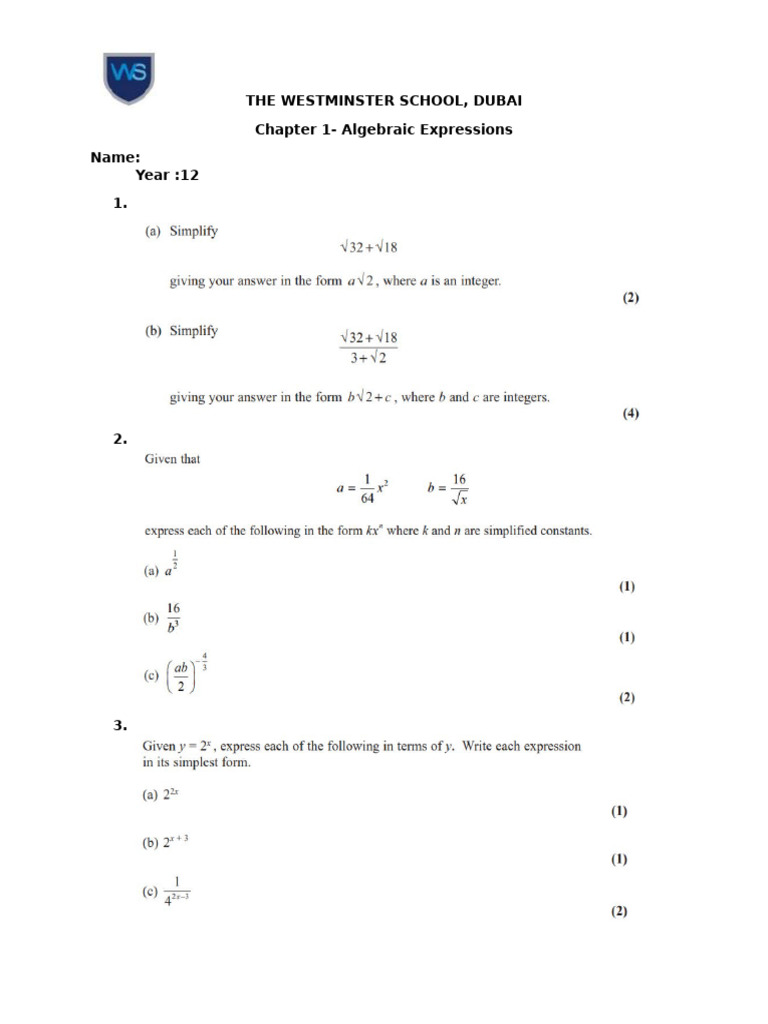 P1 - Ch1 - Algebraic Expressions - WS | PDF