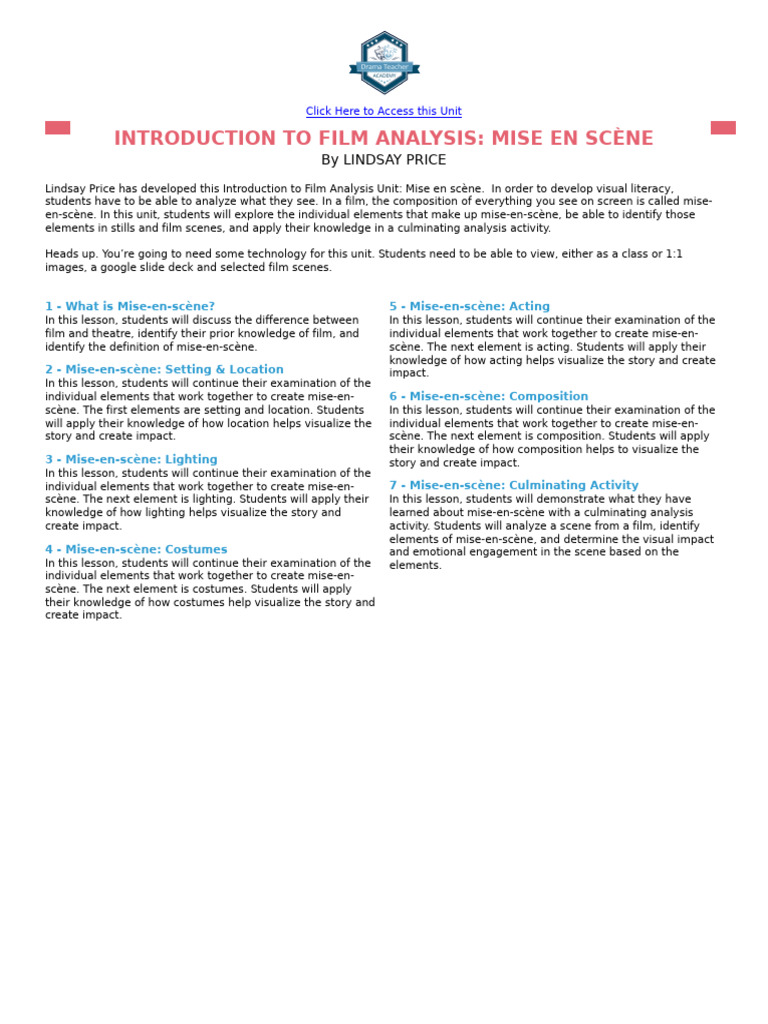 Introduction To Film Analysis Mise en Scene | PDF
