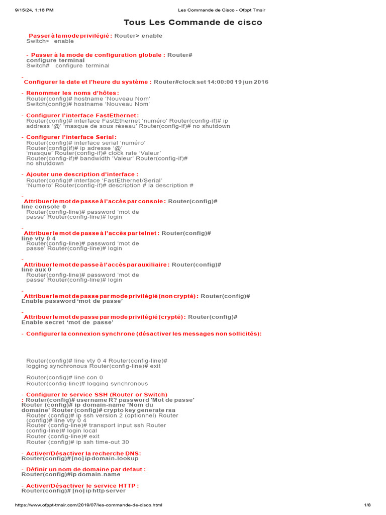 Les Commande de Cisco - Ofppt Tmsir | PDF