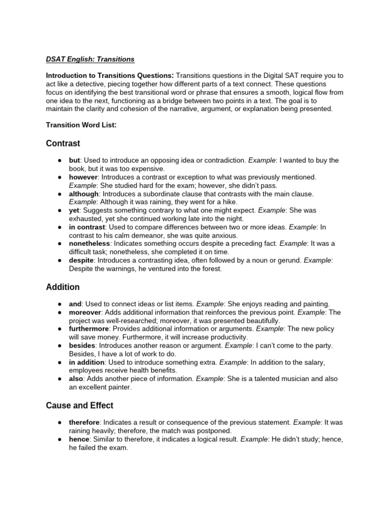 DSAT English - Transitions | PDF
