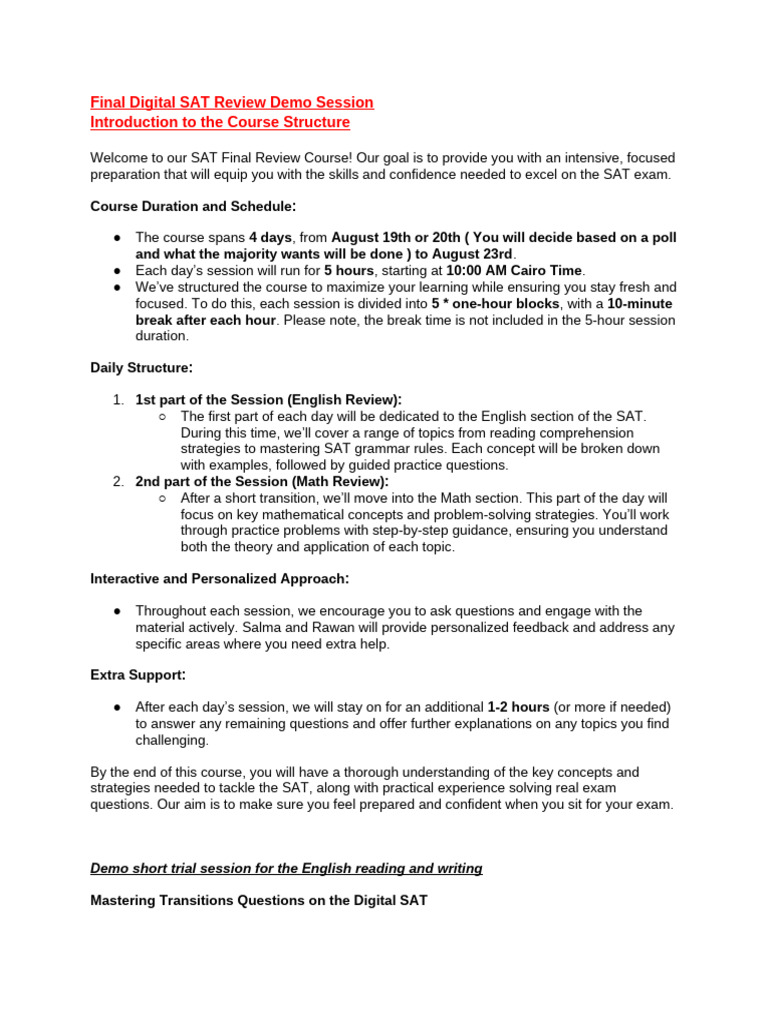 Final Digital SAT Review Demo Session | PDF