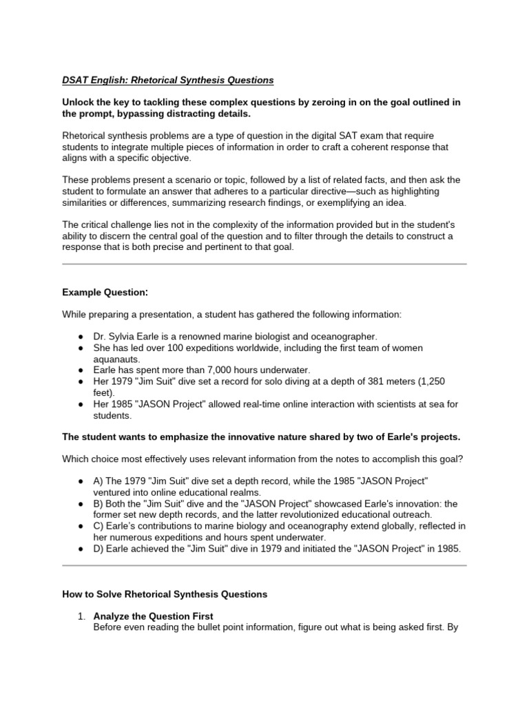 DSAT English - Rhetorical Synthesis Questions | PDF