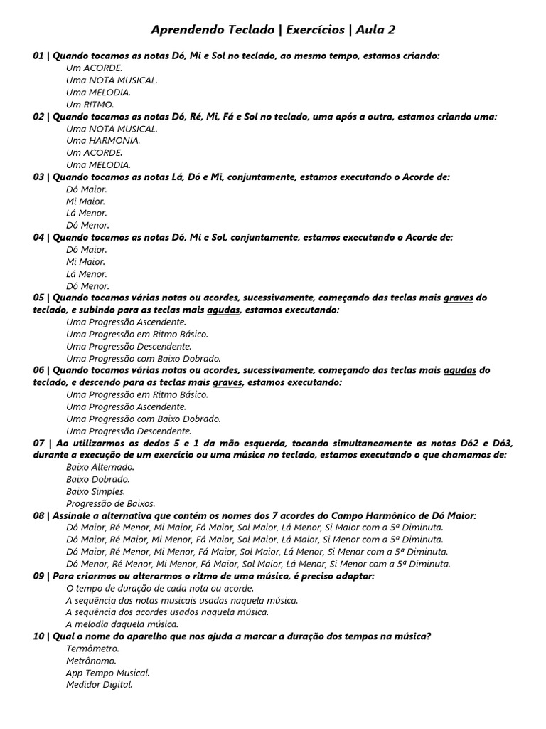 Aprendendo Teclado Aula 2 EXERCÍCIOS | PDF