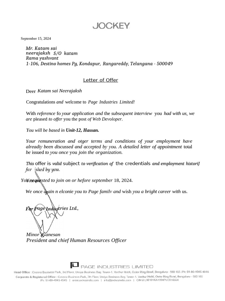 Web Developer Job Offer Letter | PDF