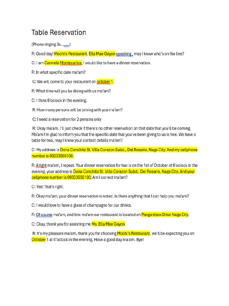 Script-Table Reservation | PDF