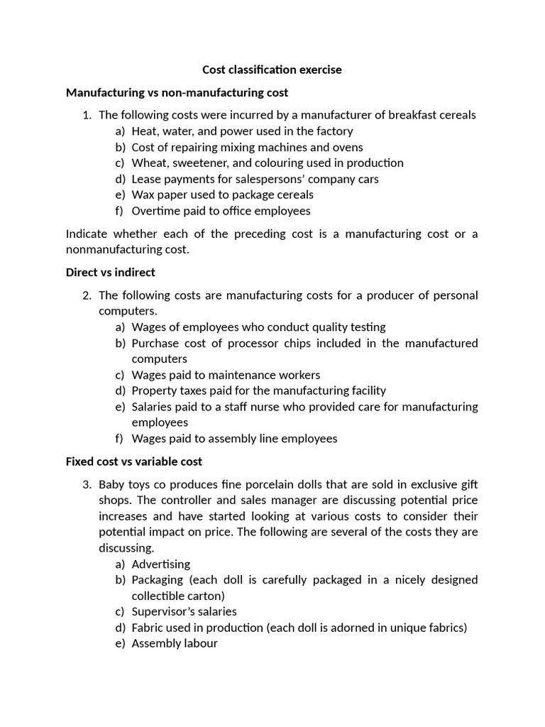 2 Cost Classification Exercise | PDF
