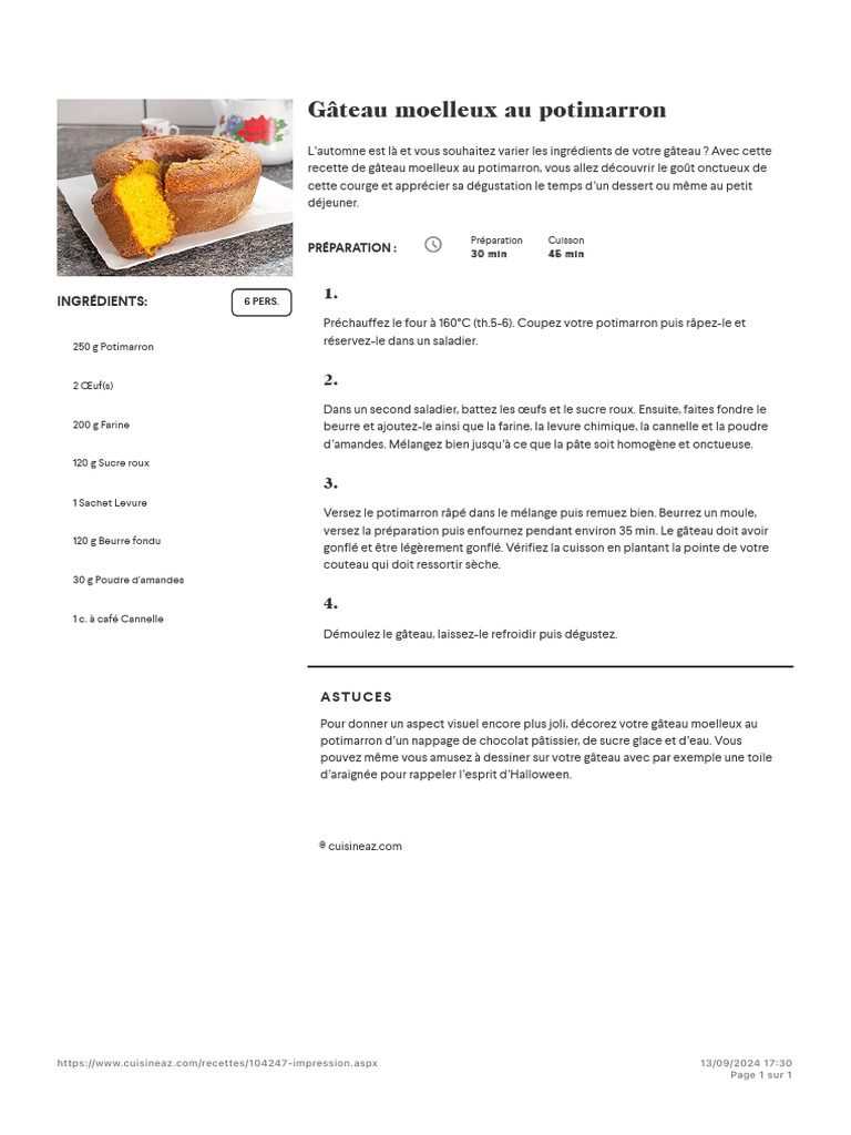 Gâteau Moelleux Au Potimarron | PDF