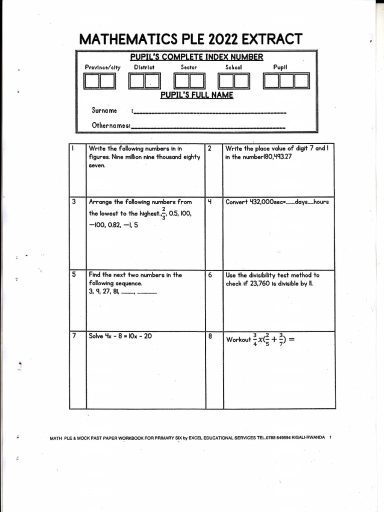 Math 2022 P.L.E Exam (Past Paper) | PDF