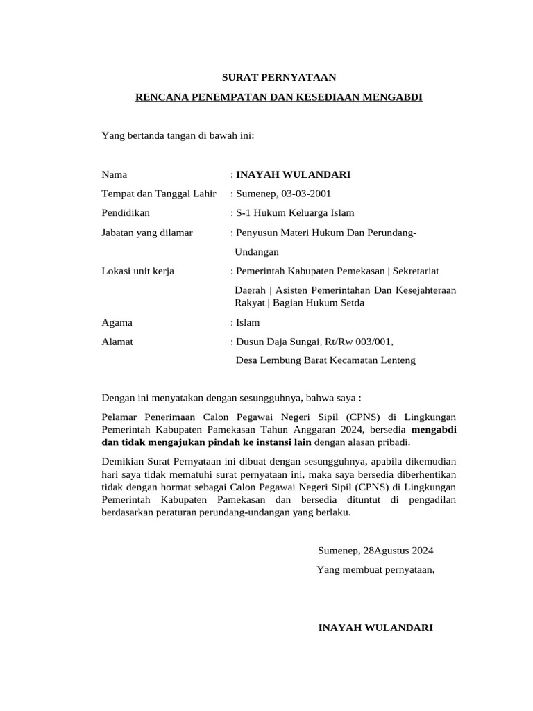 Surat Pernyataan Siap Mengabdi | PDF