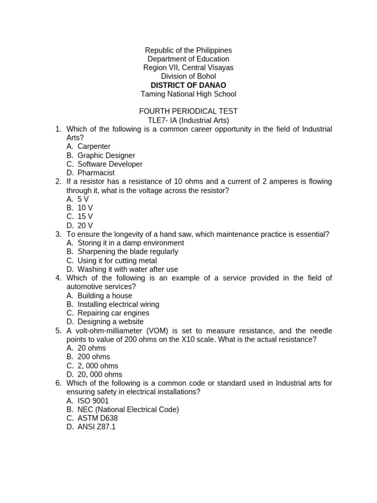 TLE7-IA (Q4) - Sample Test Questions | PDF