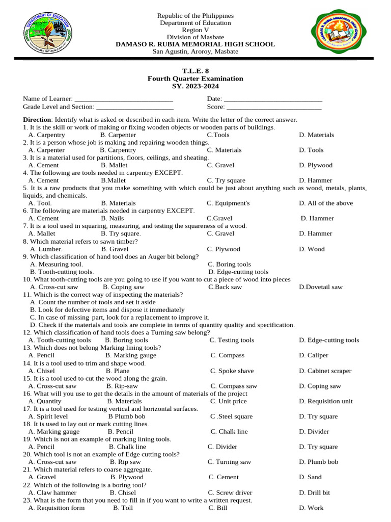 Quarterly-Exam-TLE 8 | PDF | Carpentry | Lumber