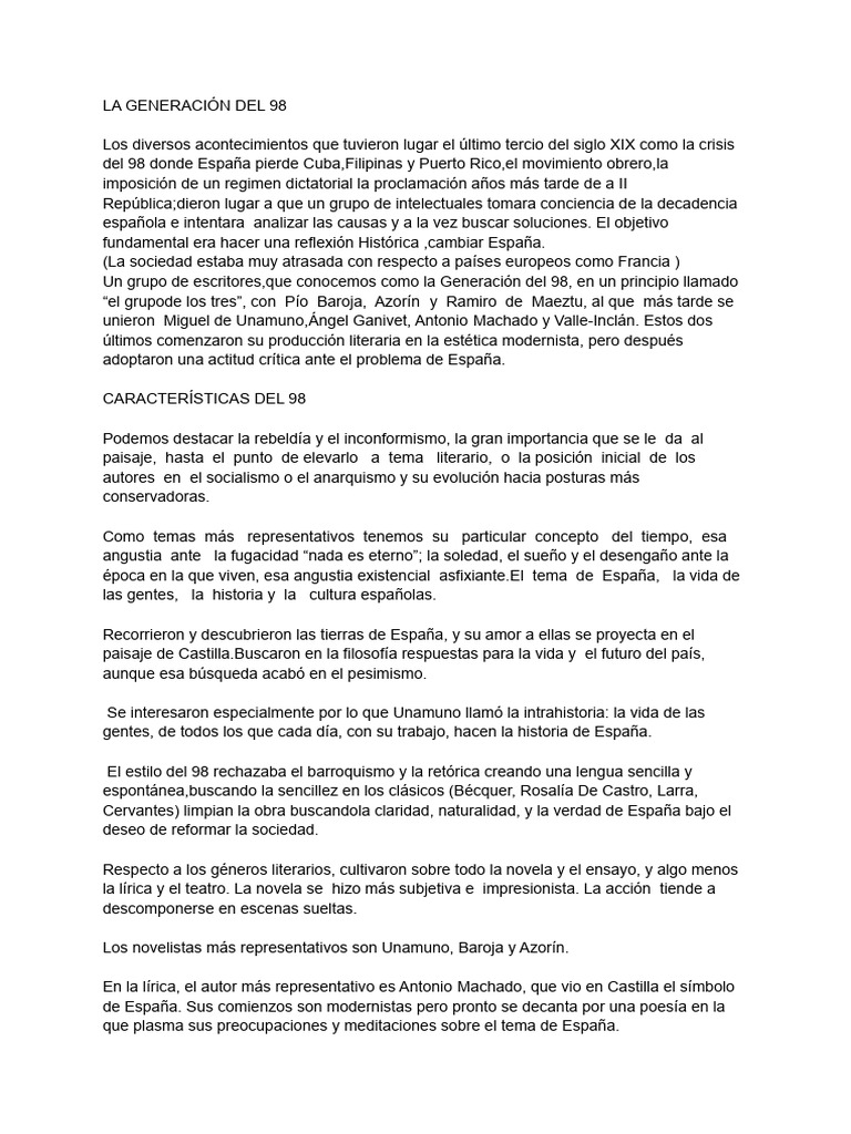 Características y autores de la Generación del 98 | PDF