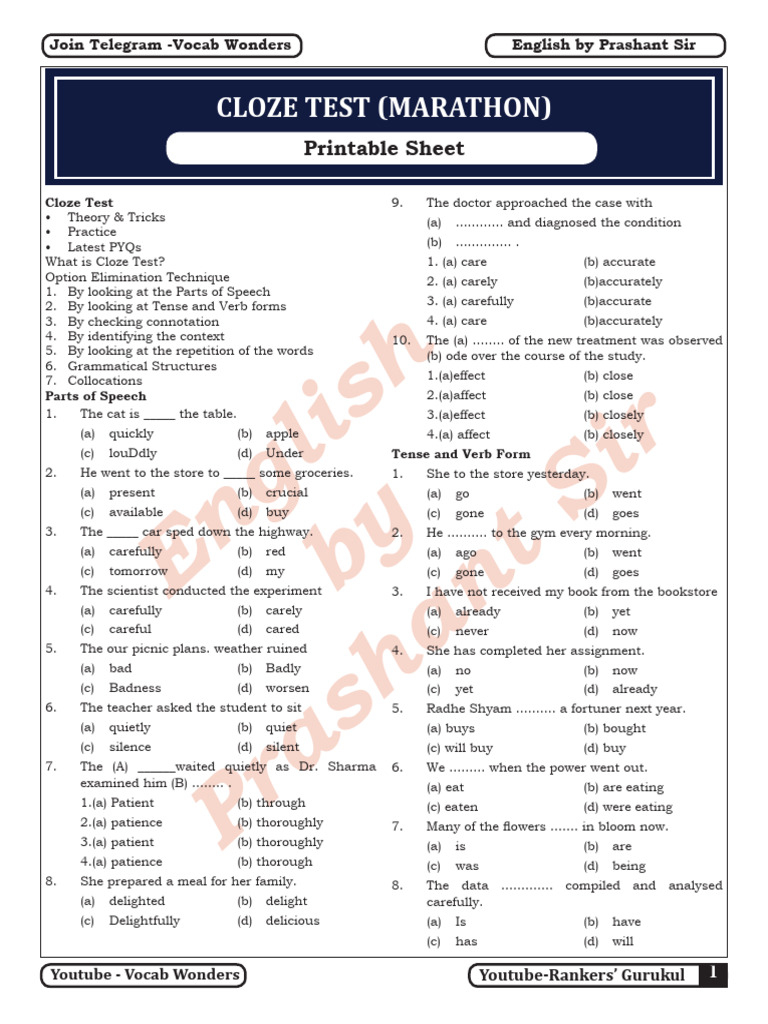 Cloze Test Marathon (Printable File) | PDF