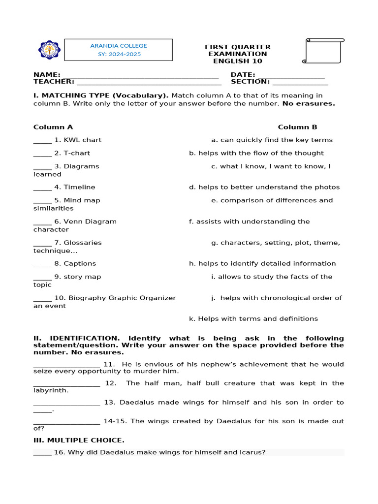Grade 10 First Quarter Examination | PDF