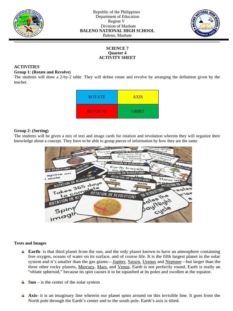 Activity Sheet 4 | PDF | Planets | Rotation