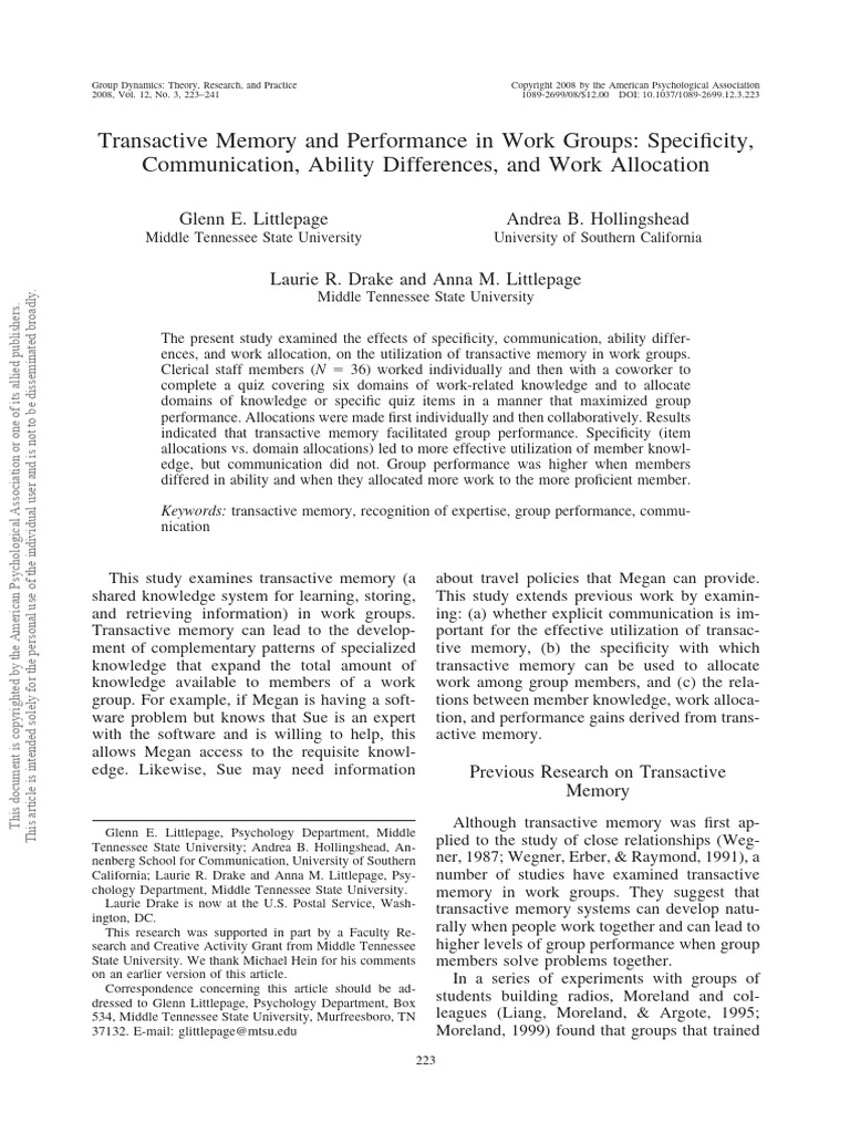 Transactive Memory and Performance in Work Groups: Specificity, Communication, Ability ...