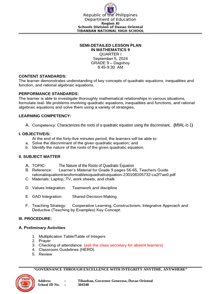 Nature of Roots of Quadratic Equations Semi Detailed LP | PDF | Equations | Wellness