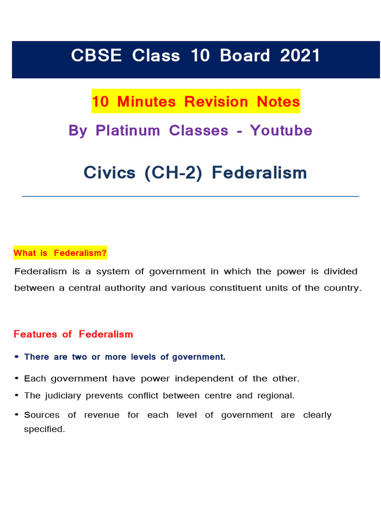 CH 2 Federalism Notes by Platinum Classes | PDF