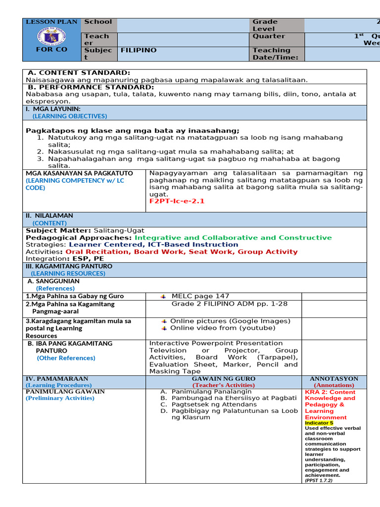 DLP Cot Filipino2 q1-w6 | PDF
