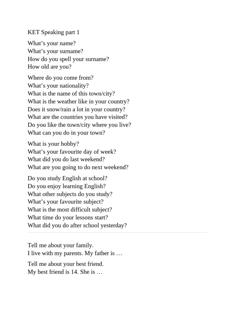 KET Speaking Part 1 | PDF