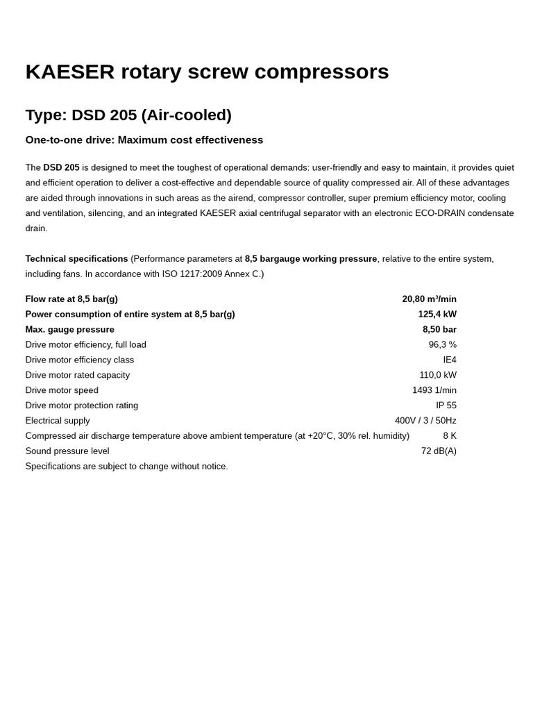KAESER Rotary Screw Compressors: Type: DSD 205 (Air-Cooled) | PDF