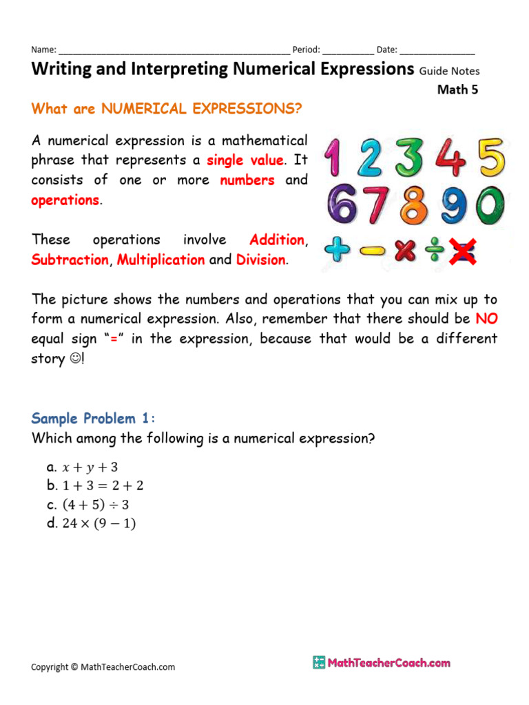 1 1 Guide Notes SE Writing and Interpreting Numerical Expressions | PDF