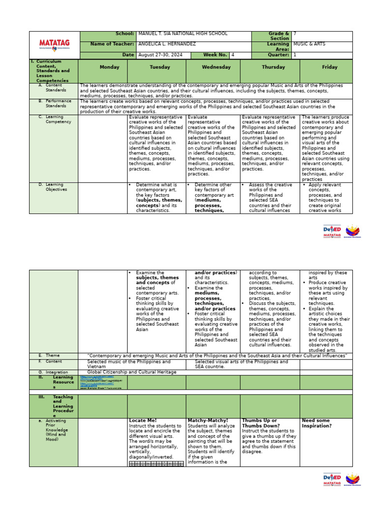 Grade 7 Week 4 Music and Arts | PDF