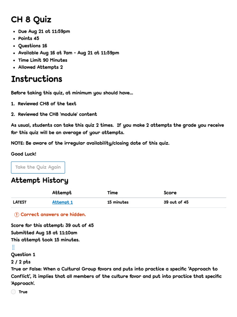 CH 8 Quiz - COMM101 9280 - SU24 - Intercultural Comm - CD | PDF