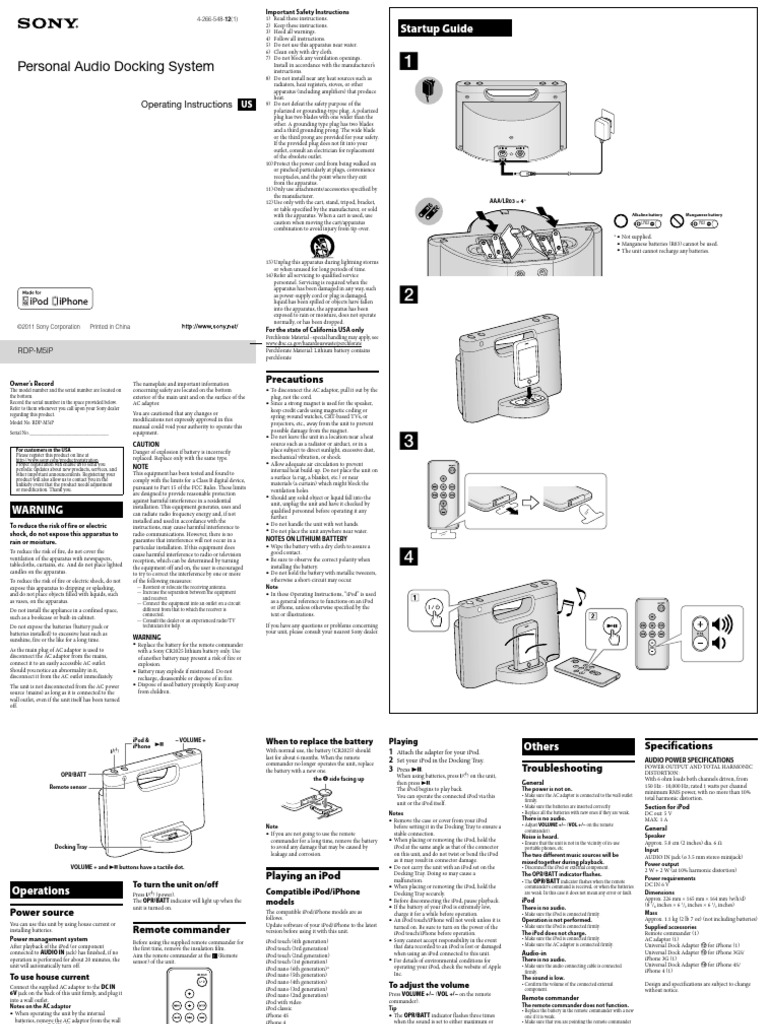 Sony Personal Audio Docking System User Manual | PDF