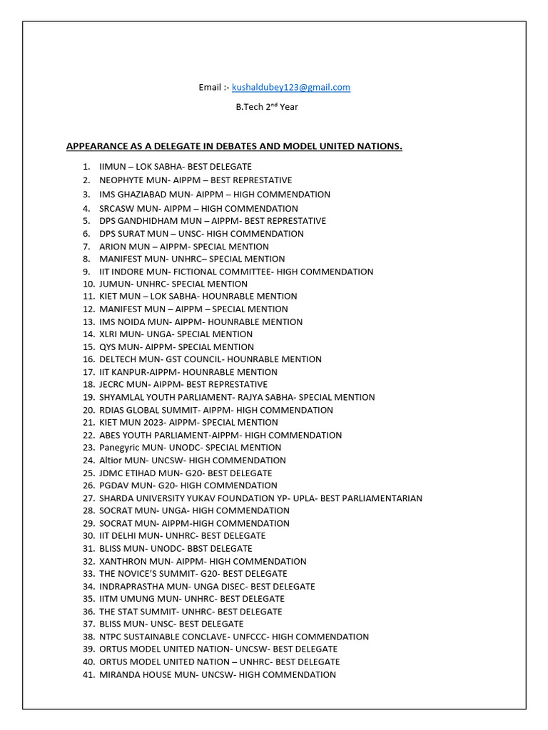Kushal Dubey Mun CV-1 | PDF | Global Politics | United Nations