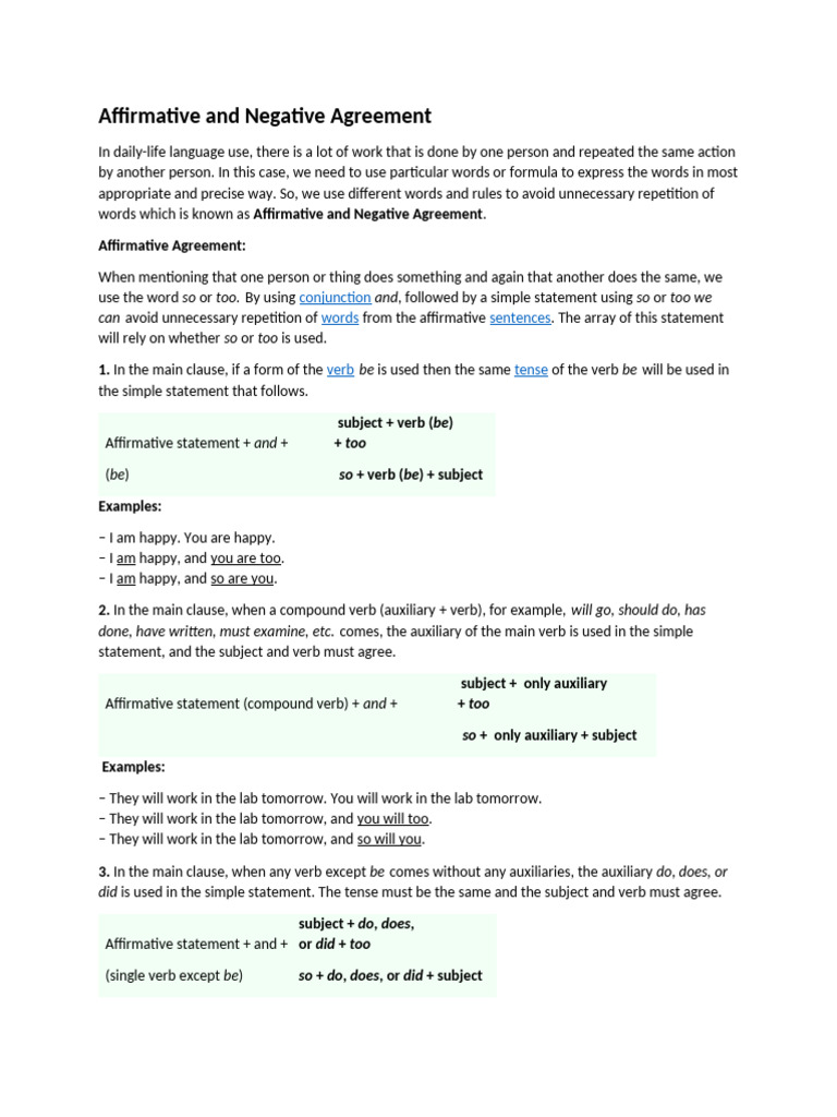Affirmative and Negative Agreement | PDF