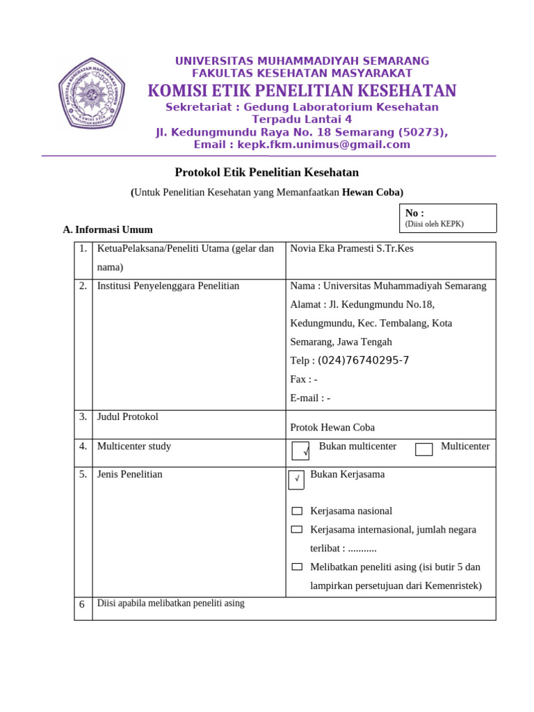 Form Protokol Etik_Hewan Coba | PDF