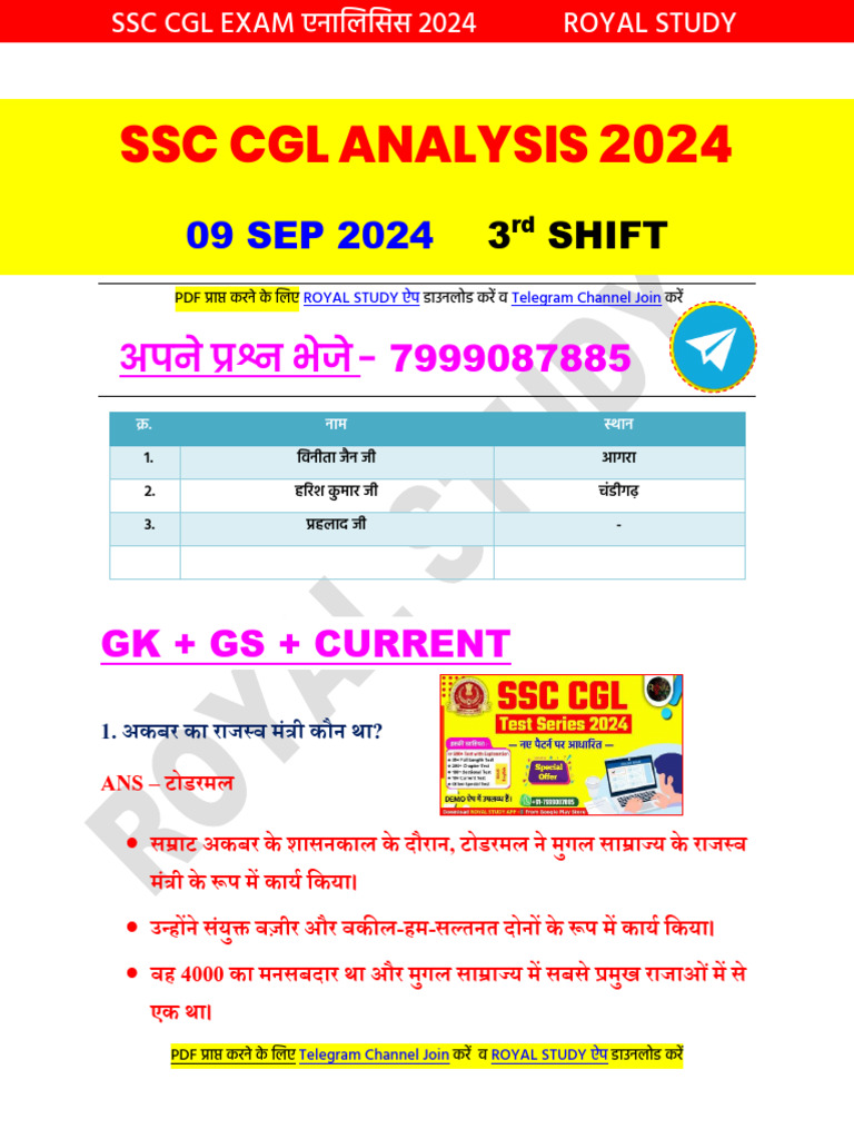 SSC CGL 09 Sep 3rd Shift Exam Analysis by Royal Study | PDF