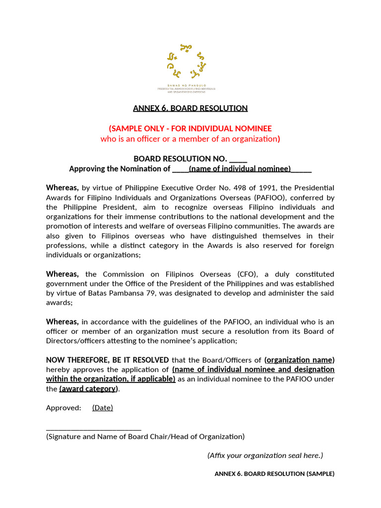 Annex 6. Board Resolution Samples For Individual and Organization ...