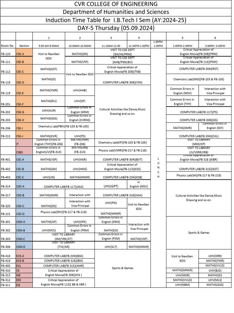 Induction Timetable On 05.09.2024 For I B.tech I Sem 2024-25 | PDF