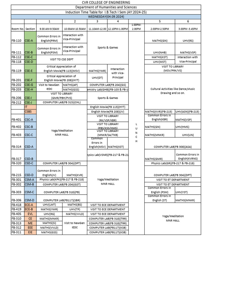 Induction Timetable On 04.09.2024 For I B.tech I Sem 2024-25 | PDF