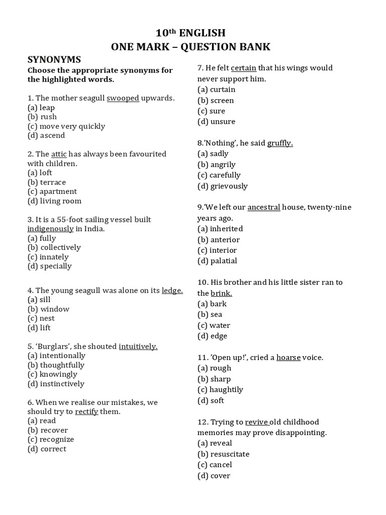 10th ONE MARKS (questions only) (1) | PDF