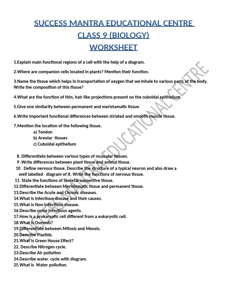 Class 9 Biology Worksheet | PDF