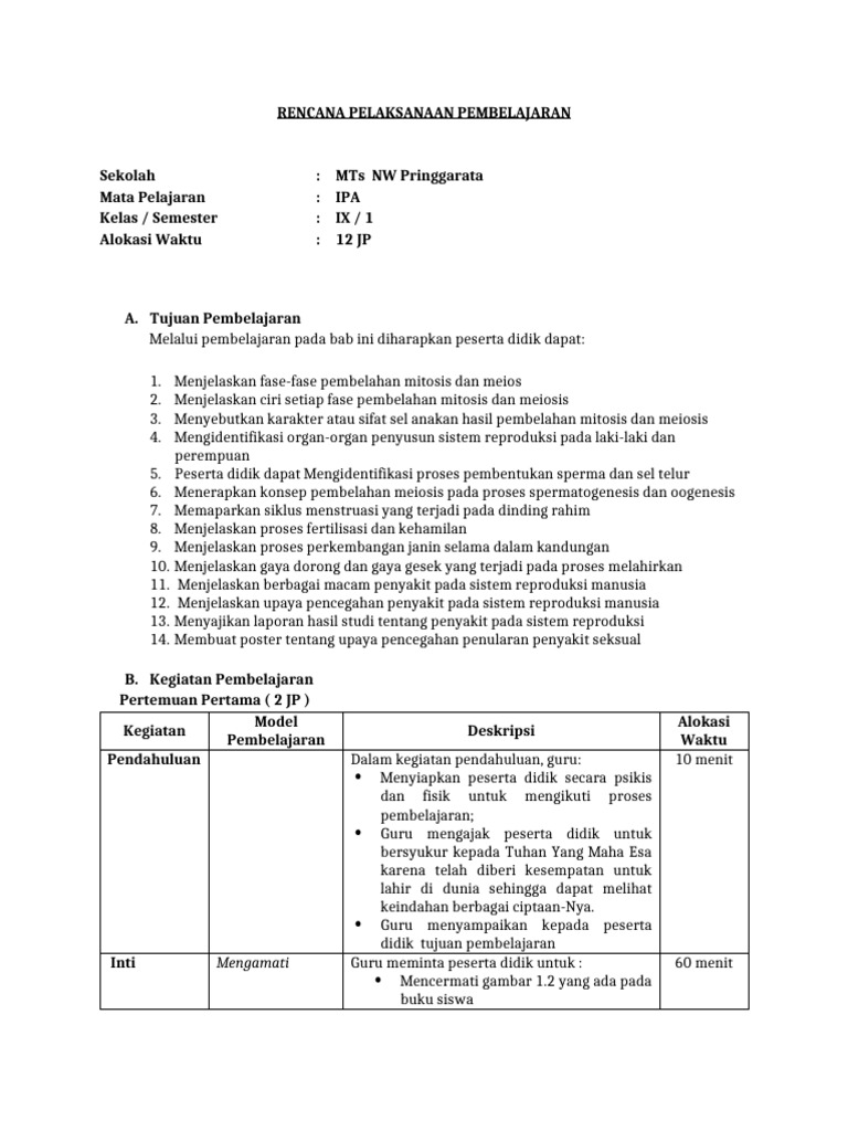 RPP Kelas 9 Sem 1 2021 | PDF