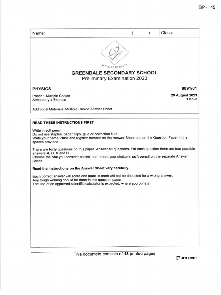 2023 Sec 4 Pure Physics Prelim Greendale Secondary With Answer | PDF
